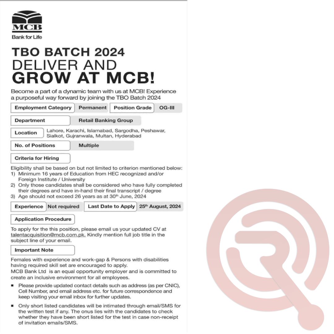 MCB Trainee Business Officer Batch 2024 | (TBO Grade-III)