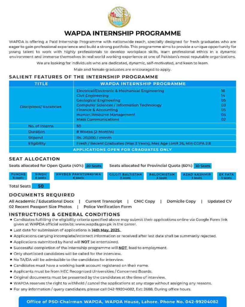 Wapda Paid Internship Program 2025 (Stipend 20,000 Pkr)
